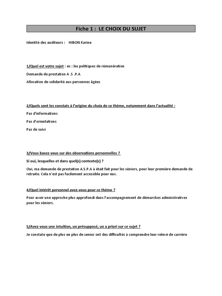 Fiche 1 Le Choix Du Sujet | PDF