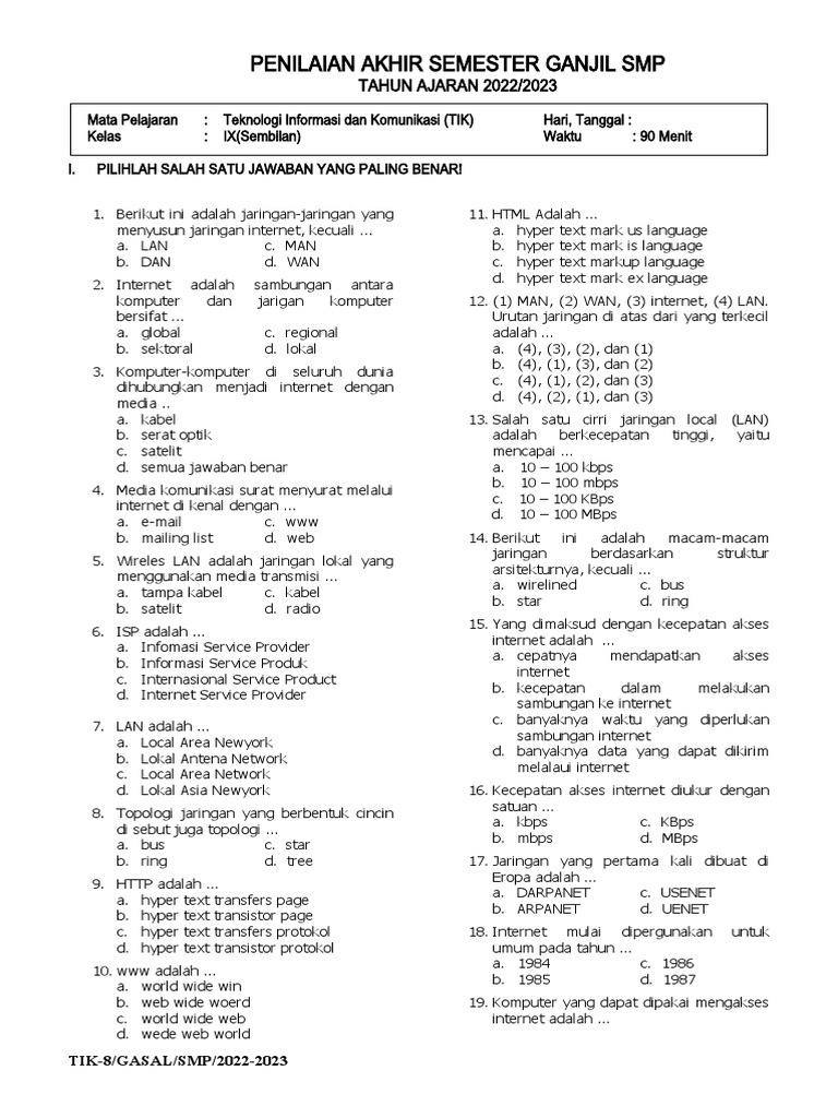 Soal Tik 9 Pas SMP 2022-2023 | PDF