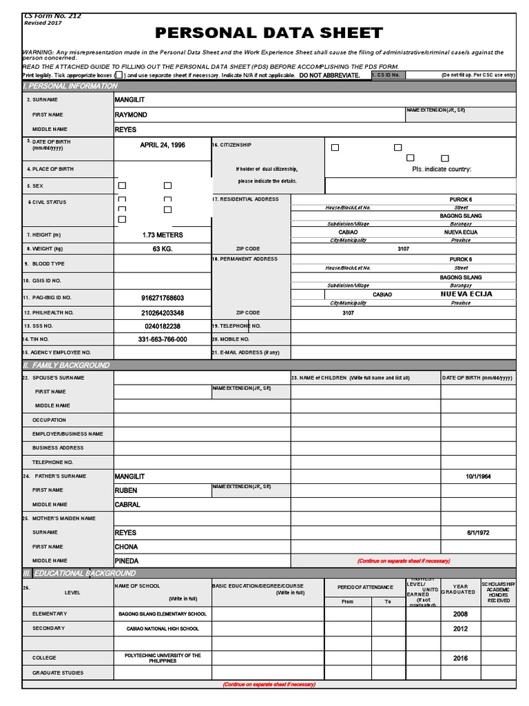 Personal Data Sheet CS Form No. 212 Revised 2017 | PDF | Passport ...