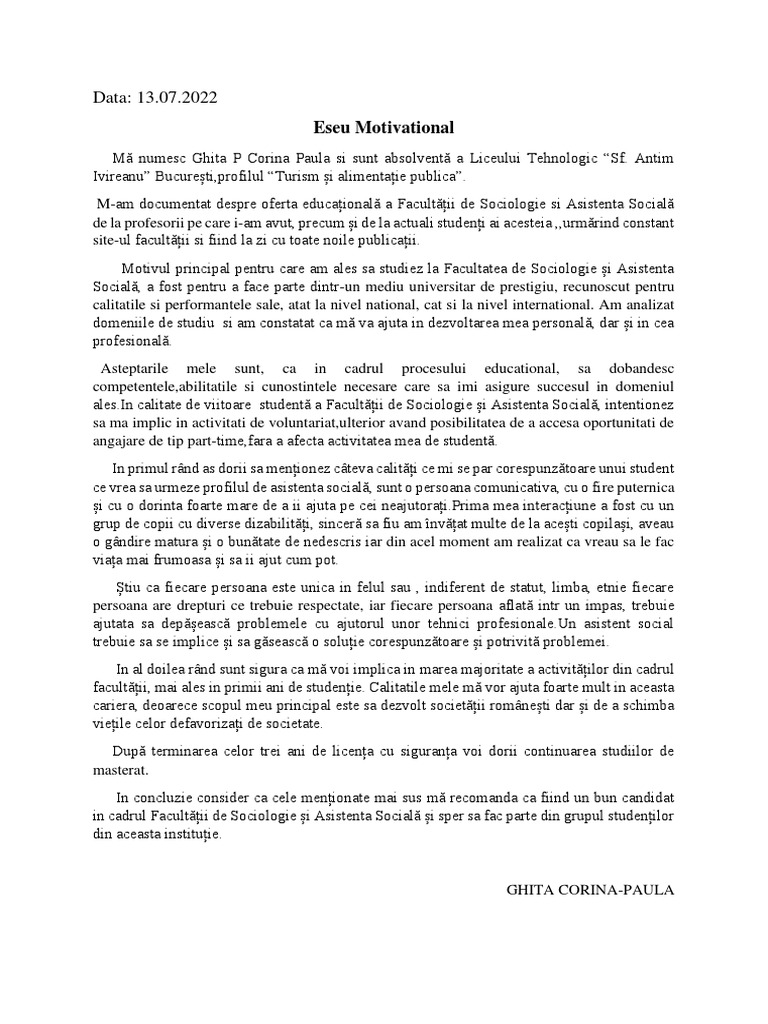 Eseu Motivational Asistenta Sociala | PDF
