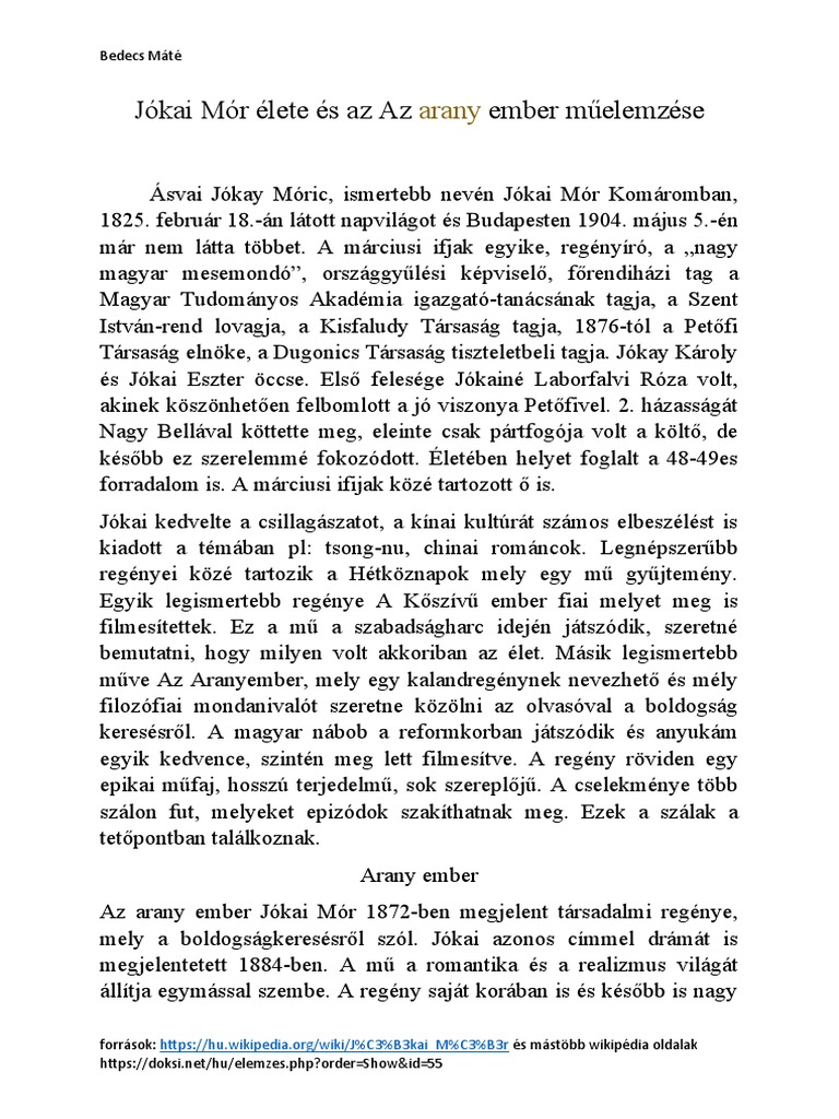 Jókai Mór élete és az Az arany ember műelemzése | PDF