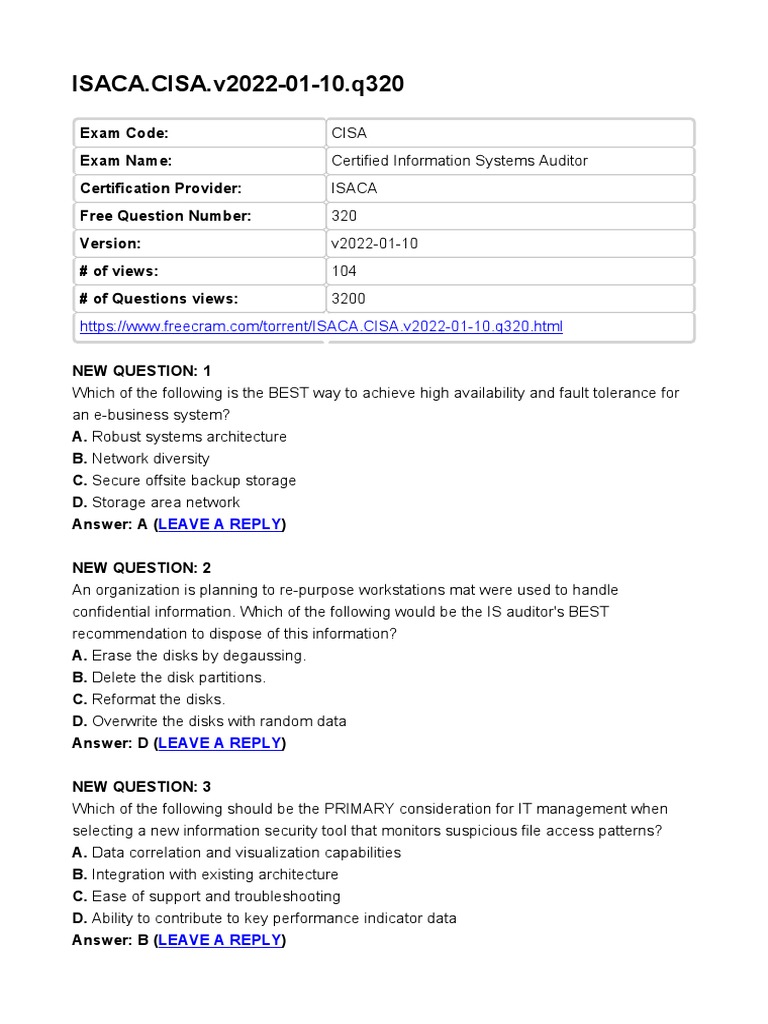 ISACA CISA v2022-01-10 q320 | PDF | Security | Computer Security