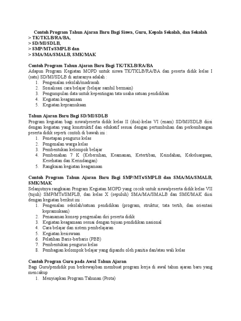 Contoh Program Tahun Ajaran Baru Bagi Siswa, Guru, Kepala Sekolah, Dan ...