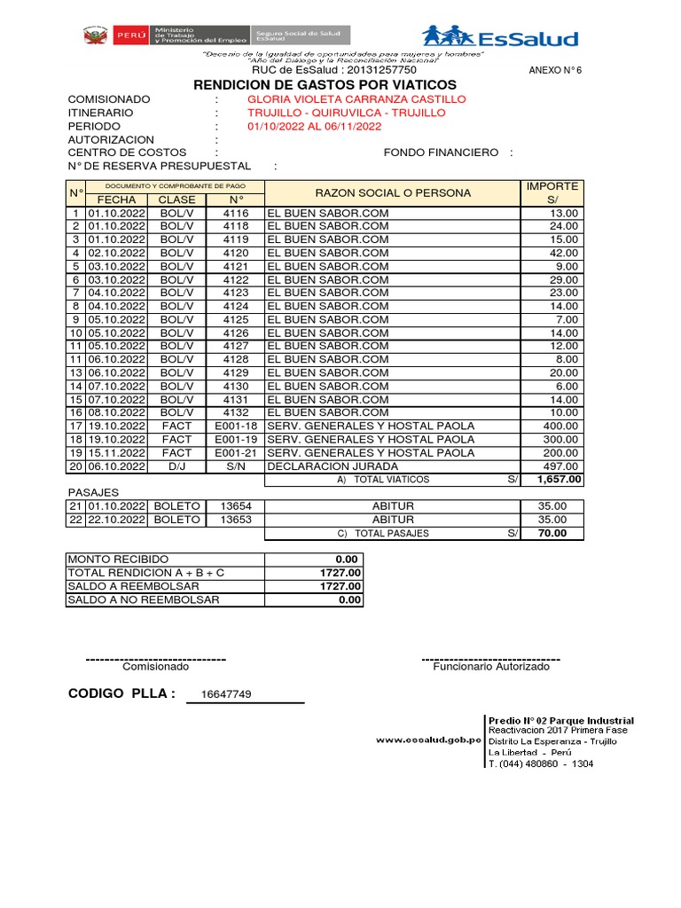 Liquidacion de Viaticos - Serums | PDF