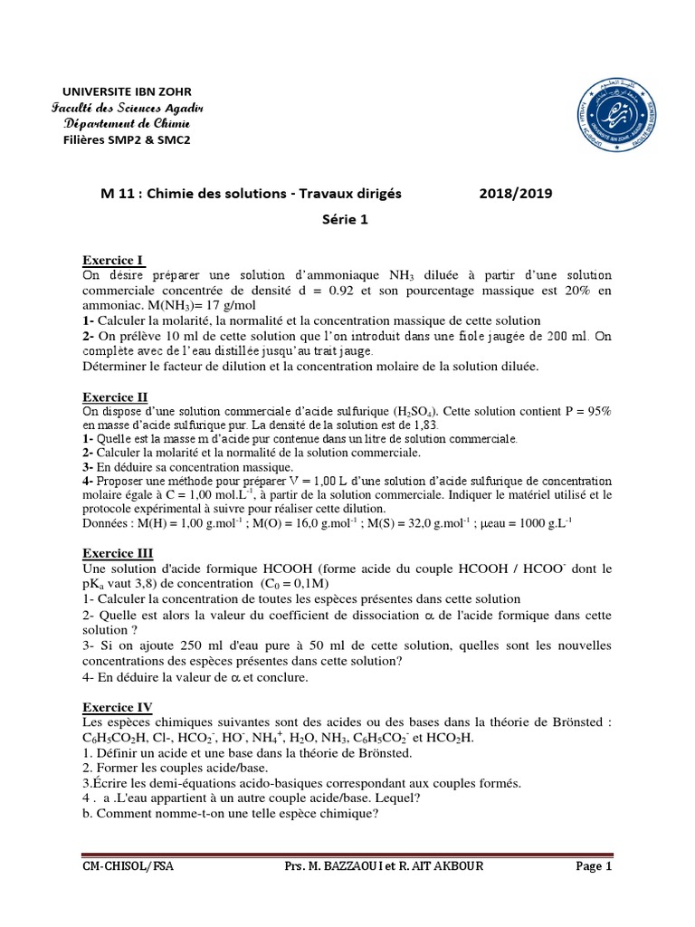 TD Serie 1 | PDF | Concentration molaire | Acide