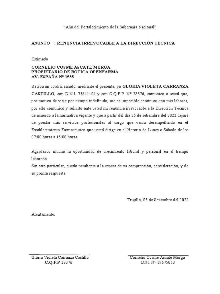 Renuncia - Botica Openfarma | PDF