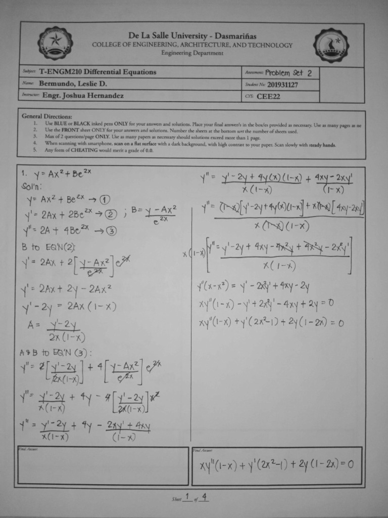 Differential Equations Problem Sets by Bermundo | PDF