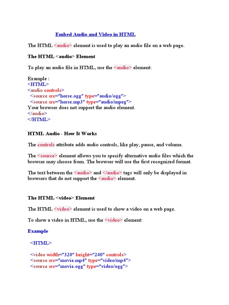 Embed Audio and Video in HTML Class 10 | Download Free PDF | Hyperlink | Html