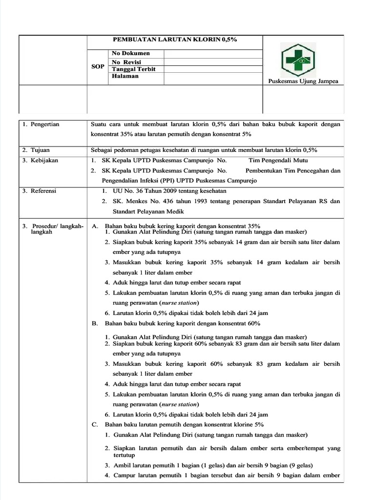 PDF Sop Pembuatan Larutan Klorin - Compress | PDF