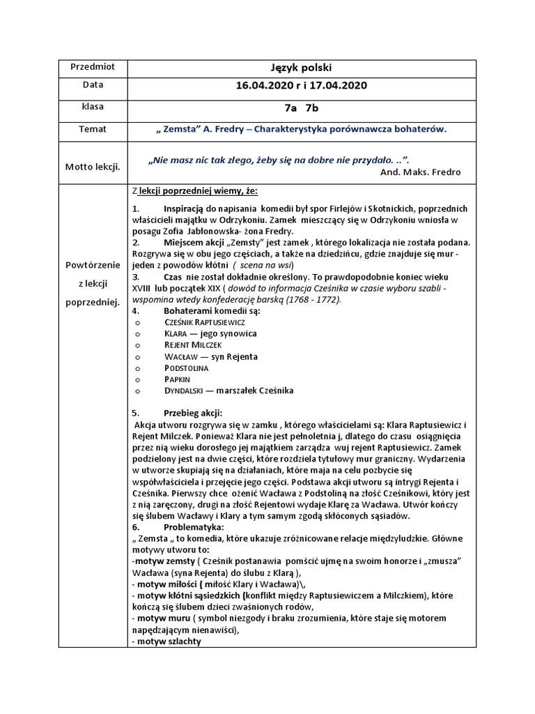 Przedmiot Data Klasa Temat: Język Polski 16.04.2020 R I 17.04.2020 7a 7b | PDF