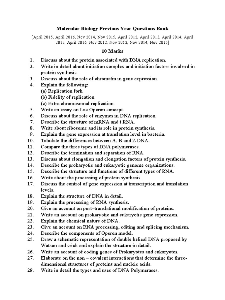 Molecular Biology Previous Year Questions | PDF | Gene | Rna