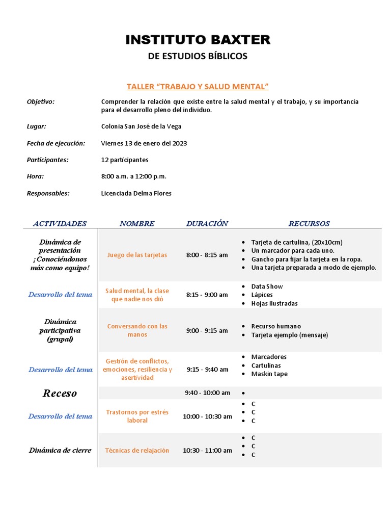 Agenda Taller Instituto Baxter | PDF | Trastorno mental | Salud mental