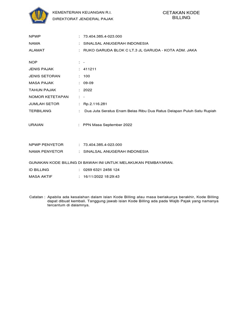 Kode Billing PPN Masa Sep'22 - Sinalsal | PDF