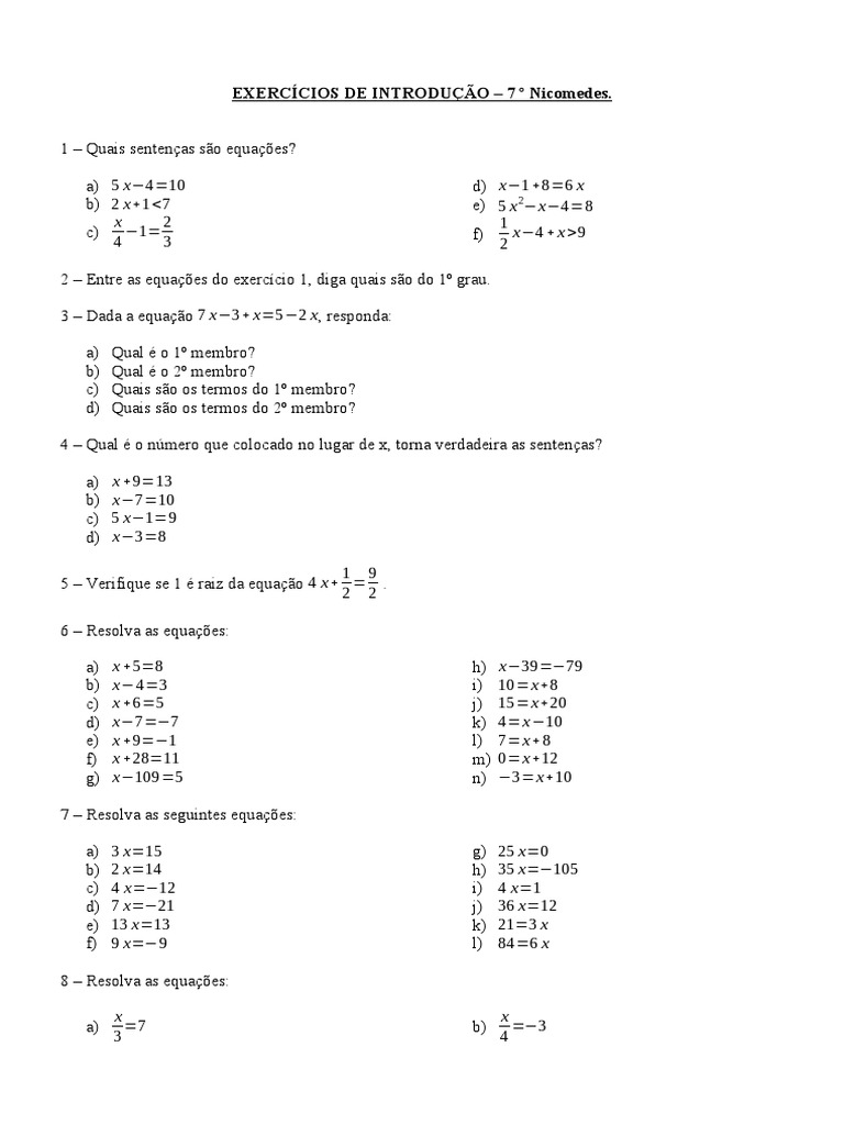 Equacao Do 1 Grau Exercicios | PDF | Equações | Matemática elementar