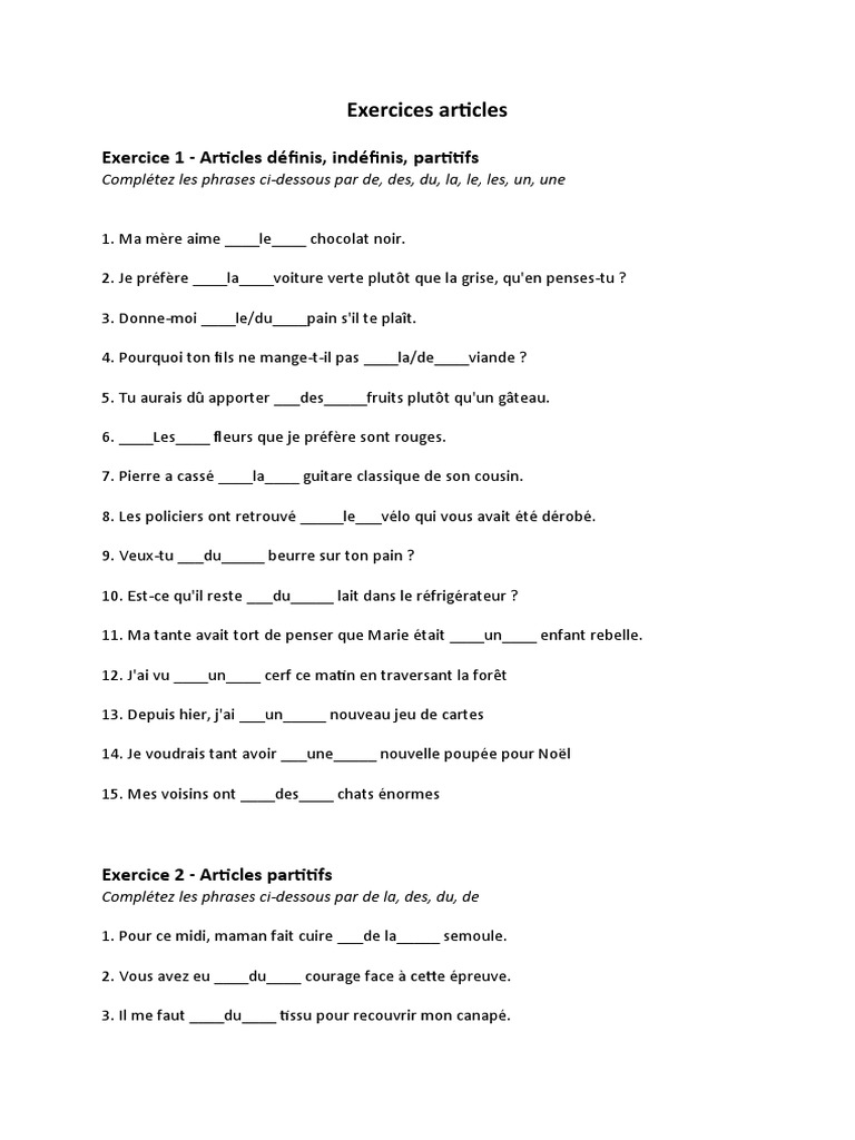 Exercices sur les articles en français | PDF