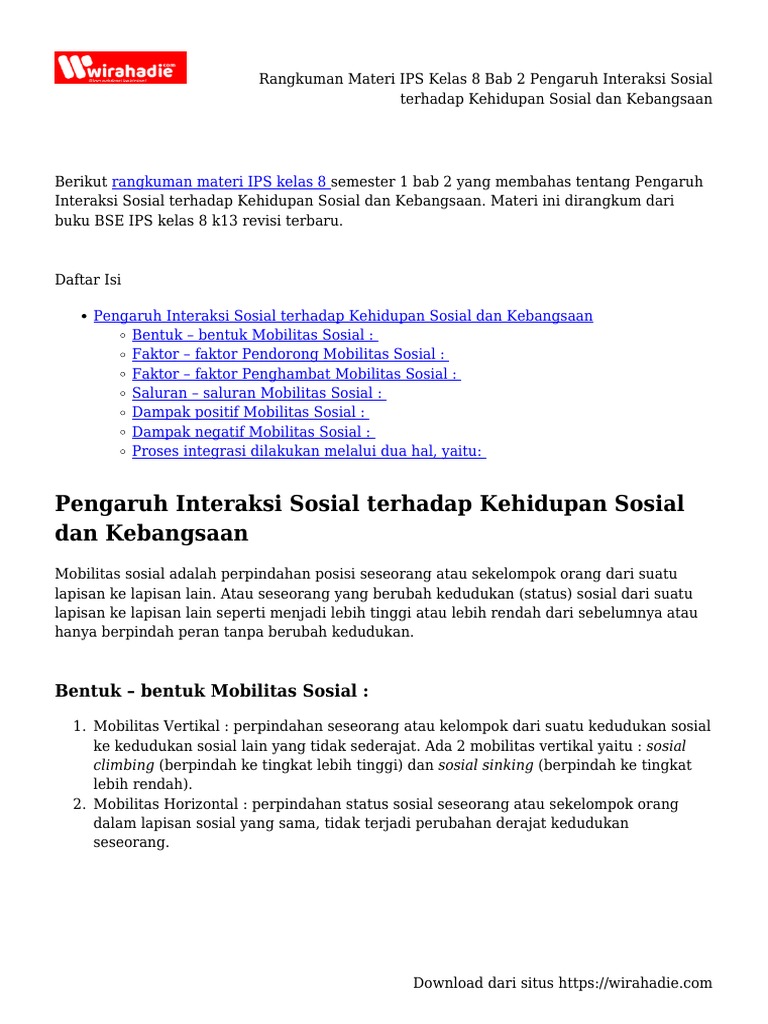 Rangkuman Materi IPS Kelas 8 Bab 2 Pengaruh Interaksi Sosial Terhadap Kehidupan Sosial Dan ...