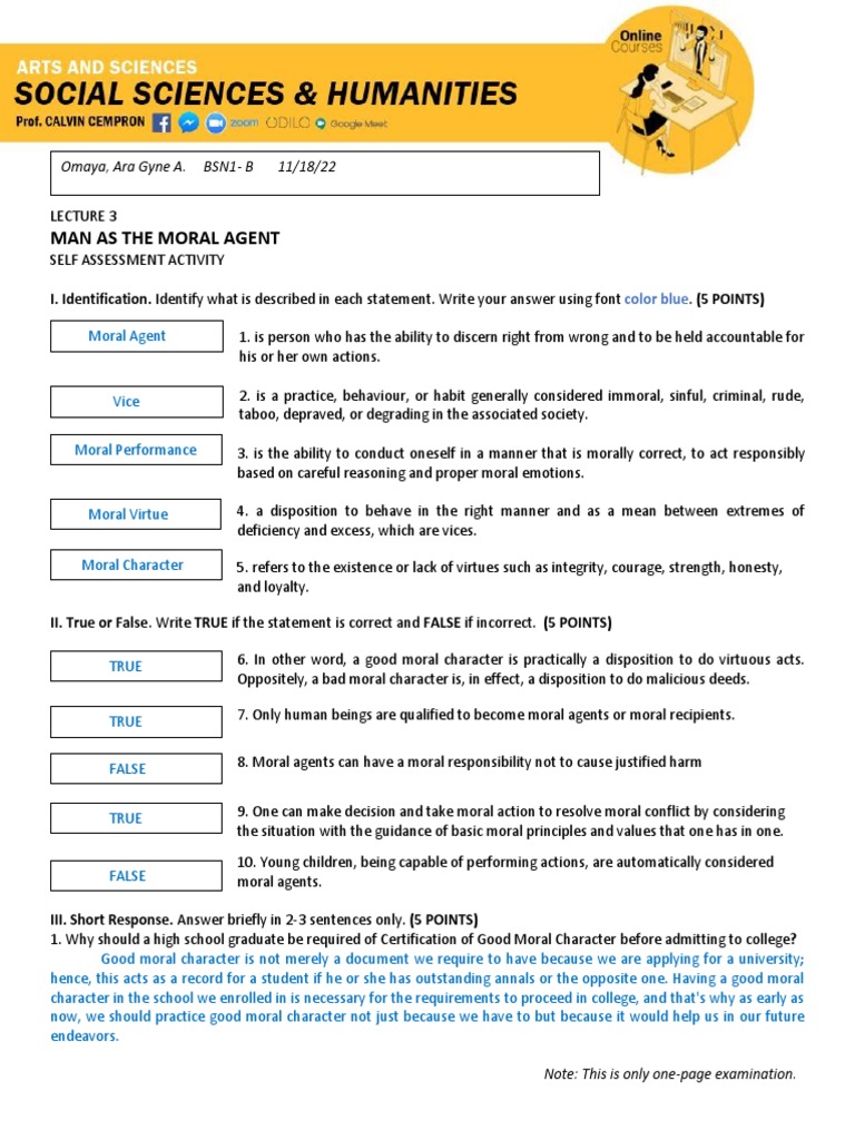 LECTURE 3 MAN AS THE MORAL AGENT SELF ASSESSMENT ACTIVITY Omaya | PDF ...