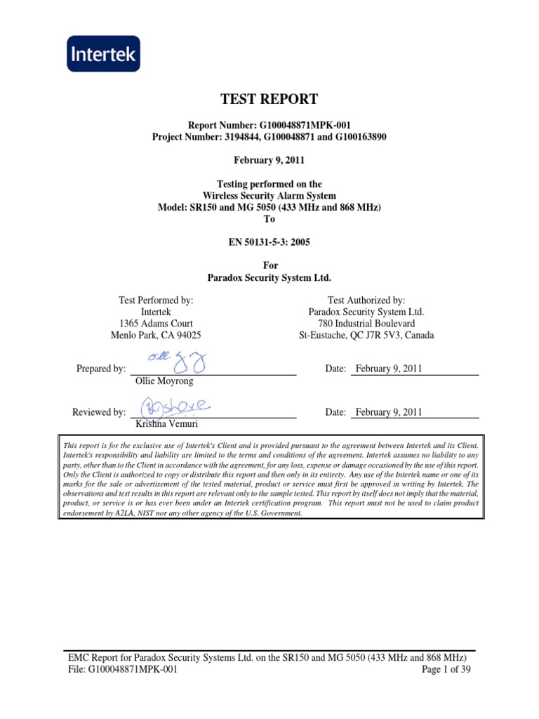 EMC Report: Paradox SR150 Compliance | PDF | Electromagnetic ...