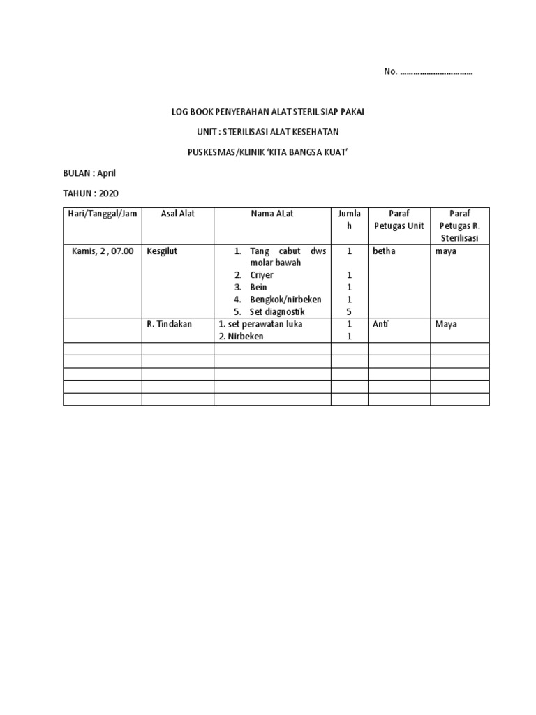 Log Book Penyerahan Alat Steril Siap Pakai Ke Unit | PDF