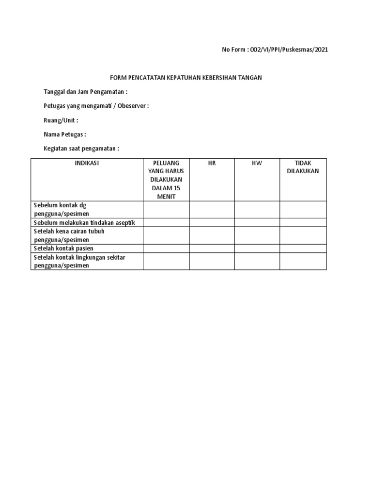Form KKT Kepatuhan Kebersihan Tangan | PDF