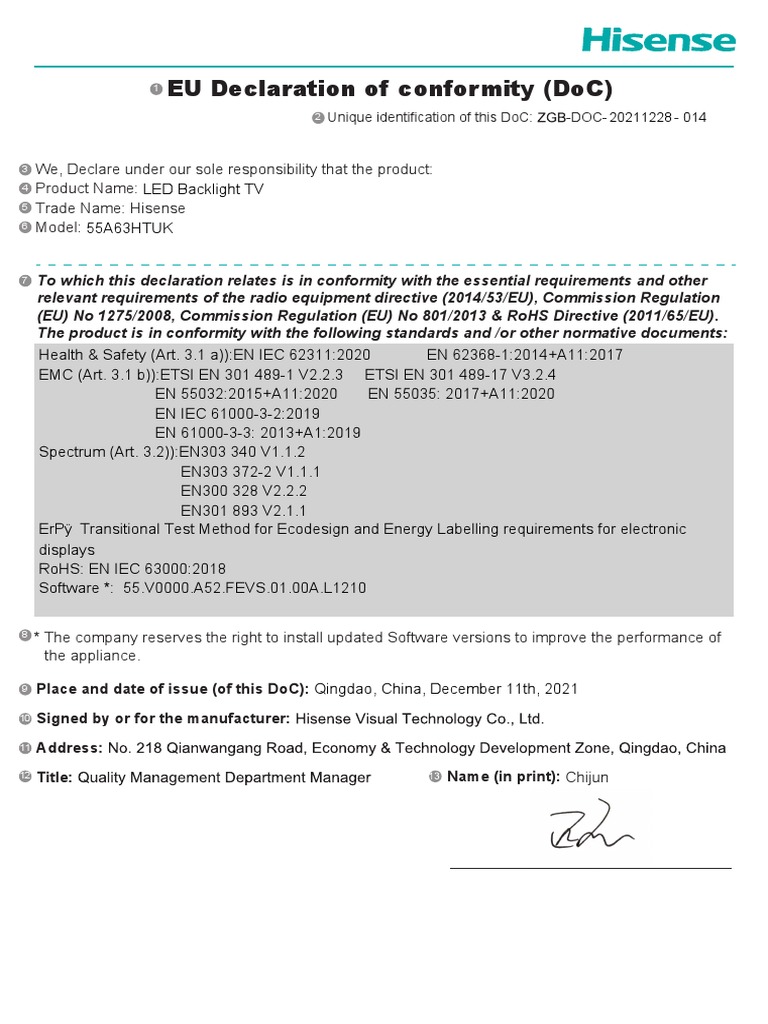 20211228-014-Declaration of Conformity (DoC) 55A63HTUK | PDF ...