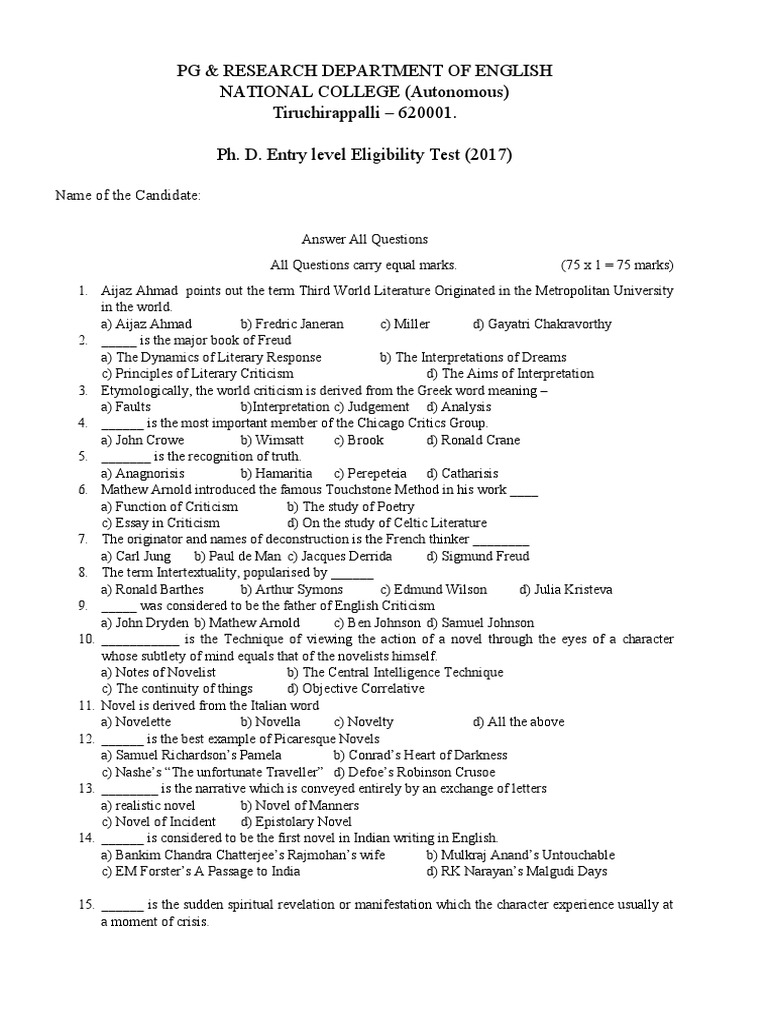 Question Paper - PHD | PDF | Novels | Reason