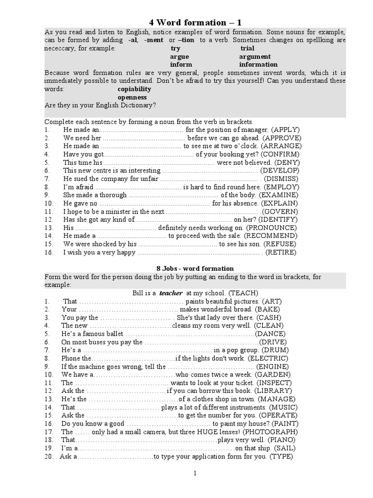 Word Formation - Exercises | PDF | Ellipsis | Adjective