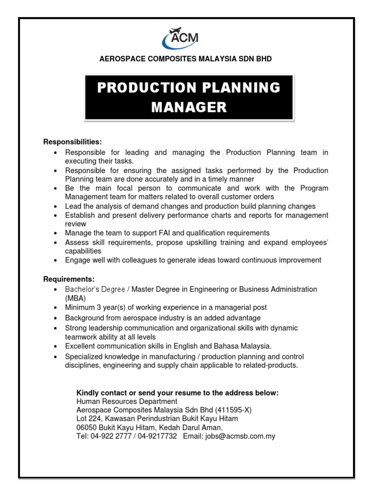 Production Planning Manager Role | PDF | Business | Art