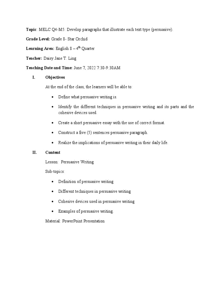 Grade 8 Persuasive Writing Lesson Plan | PDF | Essays | Thesis