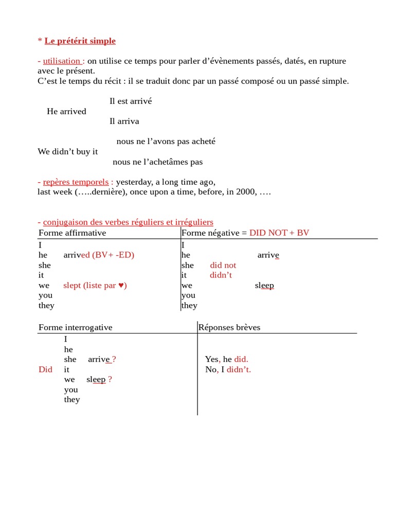 Le Preterit Simple 1 A Recopier | PDF