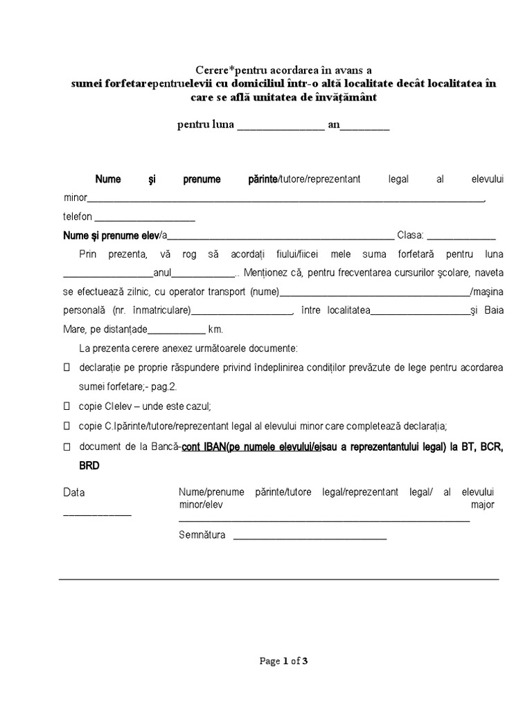 1 Cerere Suma Forfetara Si Declaratie-Parinte | PDF