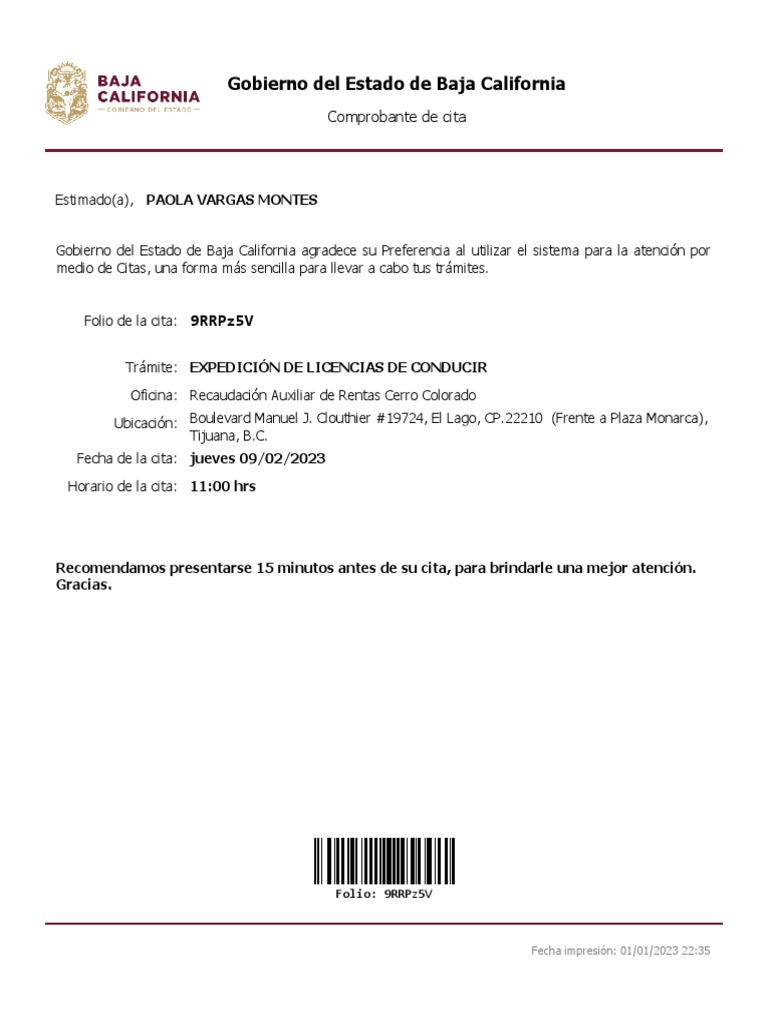 Comprobante Cita 09022023 | PDF Comprobante Cita 09022023 | PDF