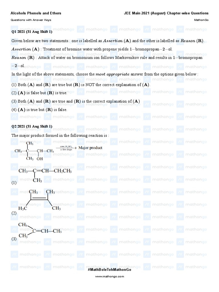 Alcohols Phenols and Ethers - JEE Main 2021 August Chapter-Wise - MathonGo | Download Free PDF ...
