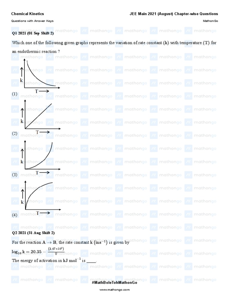 JEE Main 2021 Chemical Kinetics Questions | PDF | Chemical Kinetics ...