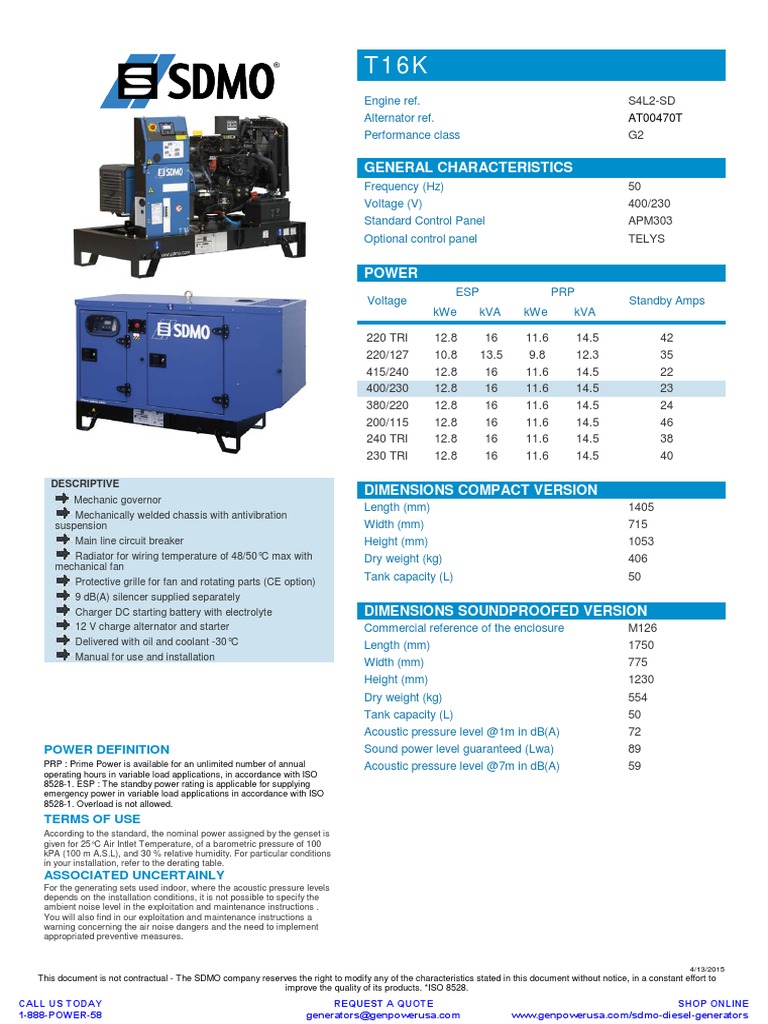 SDMO T16K Generator Specifications | PDF | Electricity | Mechanical ...