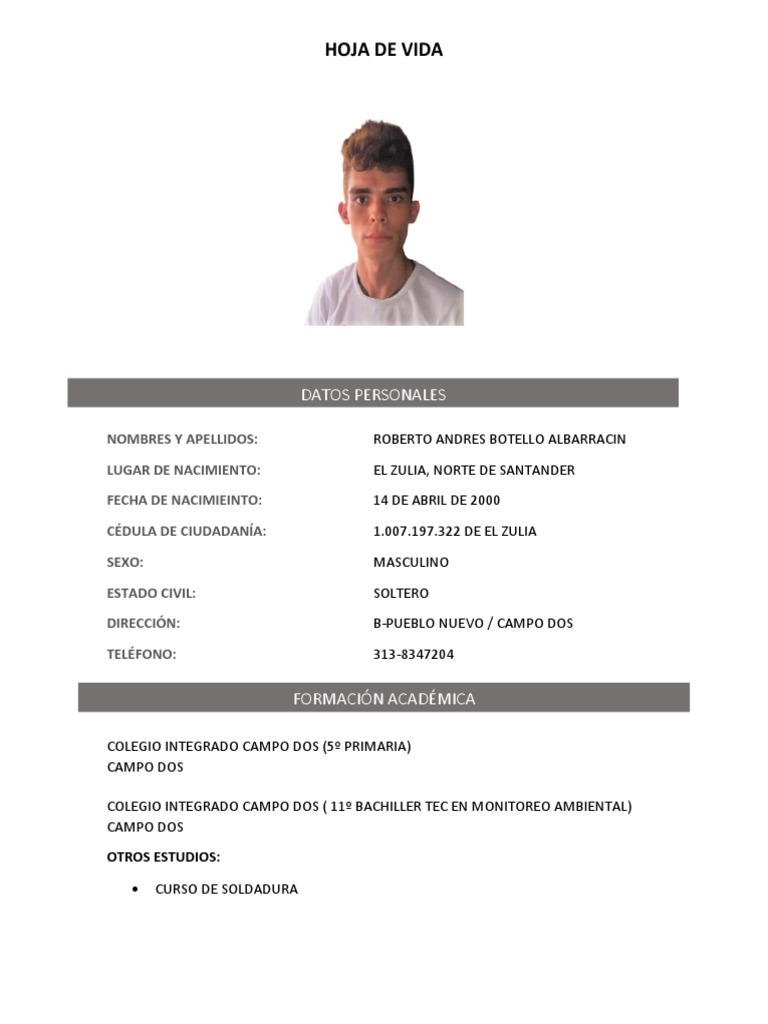 Hoja de Vida de Roberto Andres Botello Albarracin | PDF