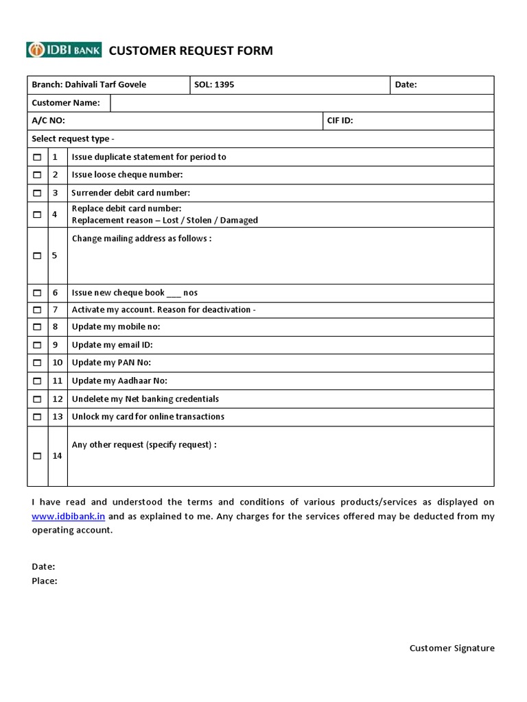 Customer Request Form for Banking Services | PDF