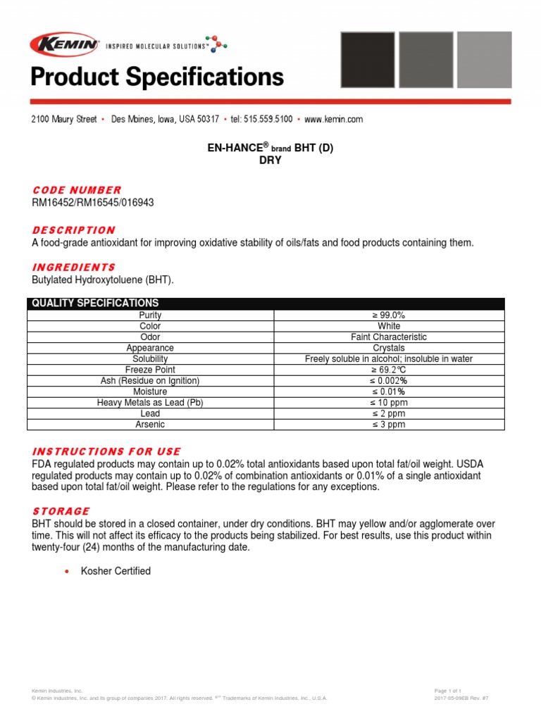 BHT Bag Spec Sheet | PDF | Physical Sciences | Chemical Compounds