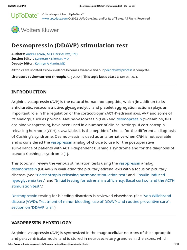 Desmopressin (DDAVP) Stimulation Test - UpToDate | PDF ...