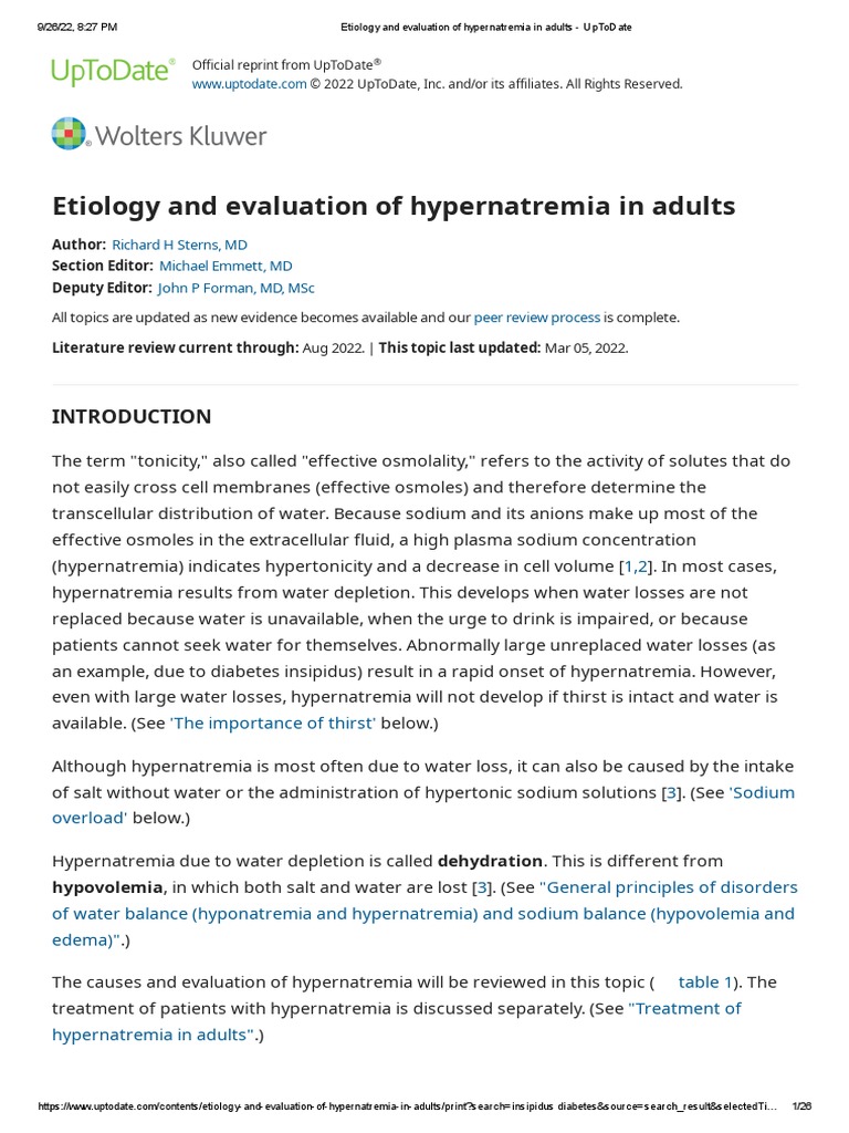 Etiology and Evaluation of Hypernatremia in Adults - UpToDate | PDF ...