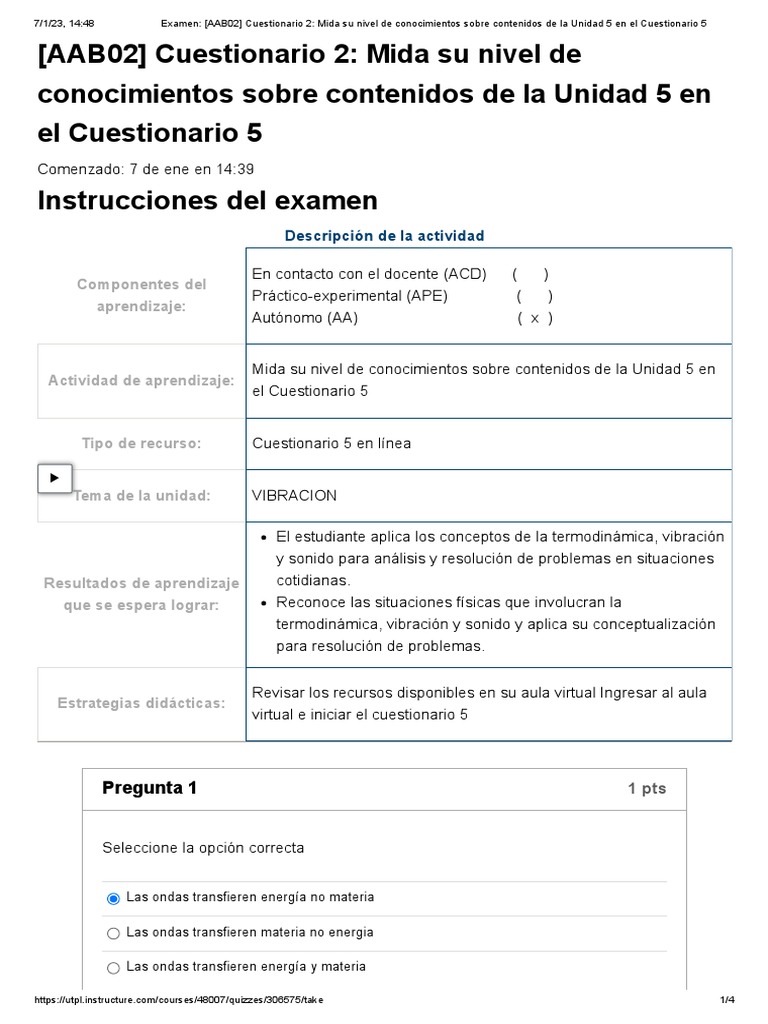 Examen - (AAB02) Cuestionario 2 - Mida Su Nivel de Conocimientos Sobre Contenidos de La Unidad 5 ...