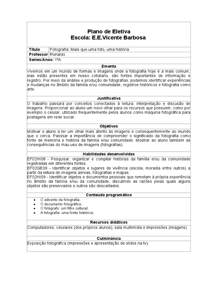 Plano de Eletiva Fotografia | PDF