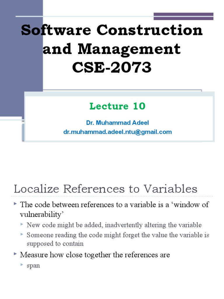 Lec 15 Sw Construction And Management Sec 2070 Download Free Pdf Variable Computer Science 