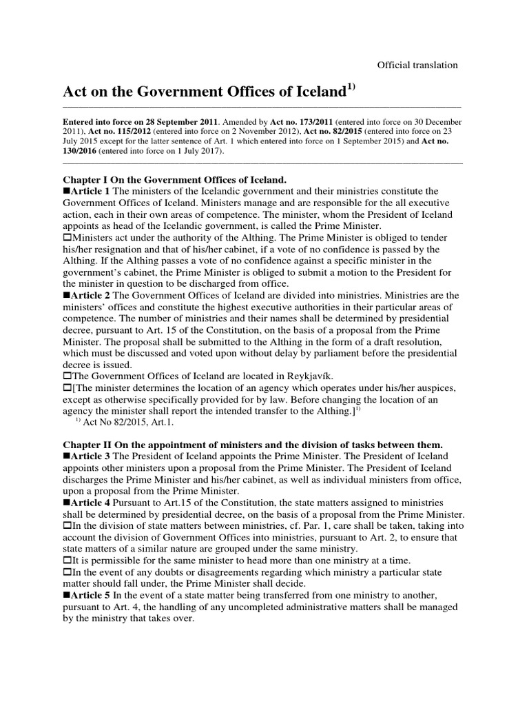 Iceland Government Offices Act | PDF | Employment | Cabinet (Government)