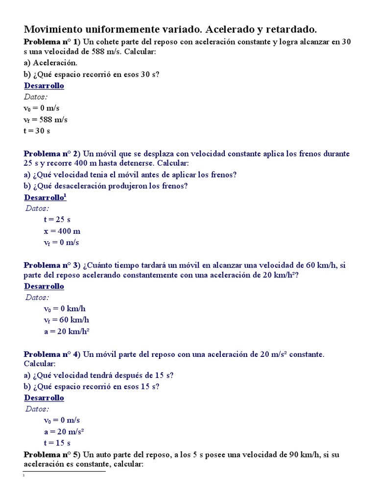 Movimiento Uniformemente Variado - EJERCICIOS | PDF | Aceleración | Velocidad