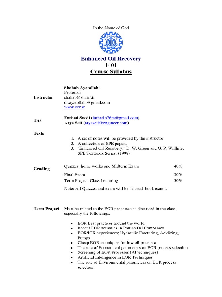 Eor Syllabus 1401 Pdf Enhanced Oil Recovery Petroleum Reservoir