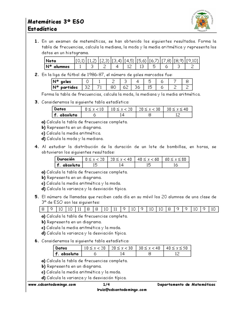 Ejercicios Estadistica 3 Eso | PDF | Desviación Estándar | Mediana