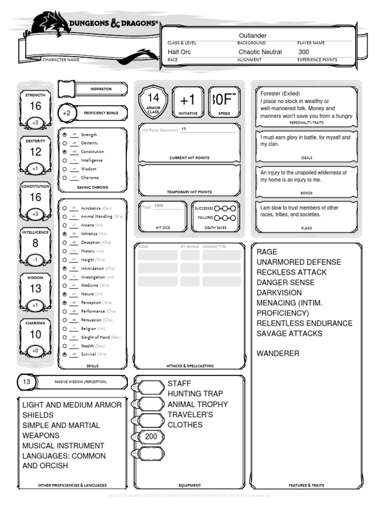 Character Sheet HALF ORC | PDF | Gary Gygax Games | Adventure Games Character Sheet HALF ORC | PDF | Gary Gygax Games | Adventure Games