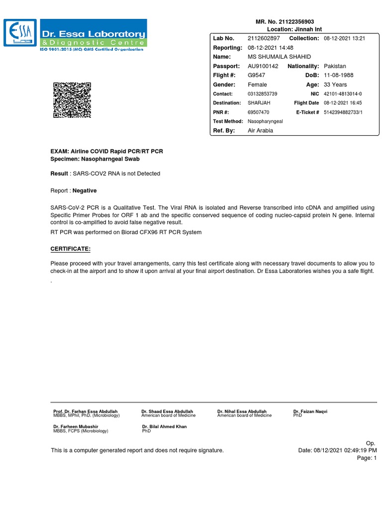 Negative SARS-CoV-2 PCR Test Report for Ms. Shumaila Shahid Traveling ...