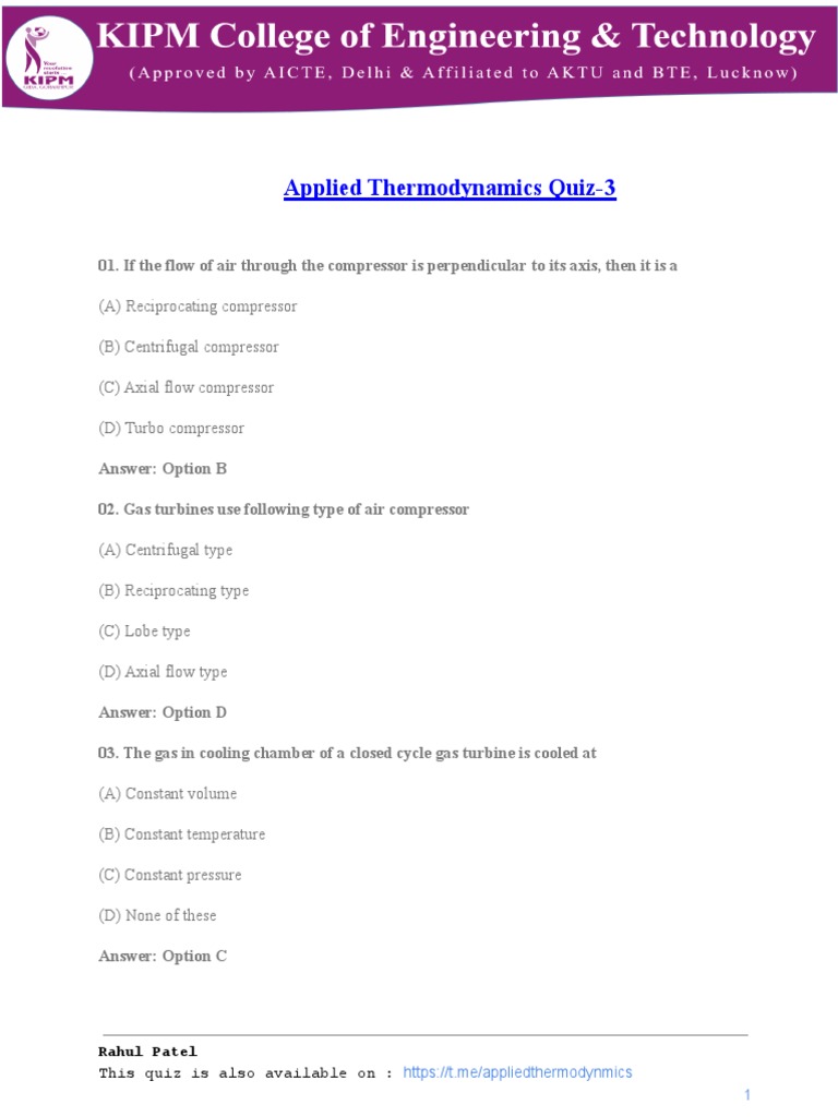 Applied Thermodynamics Quiz-4 | PDF | Turbine | Gas Turbine
